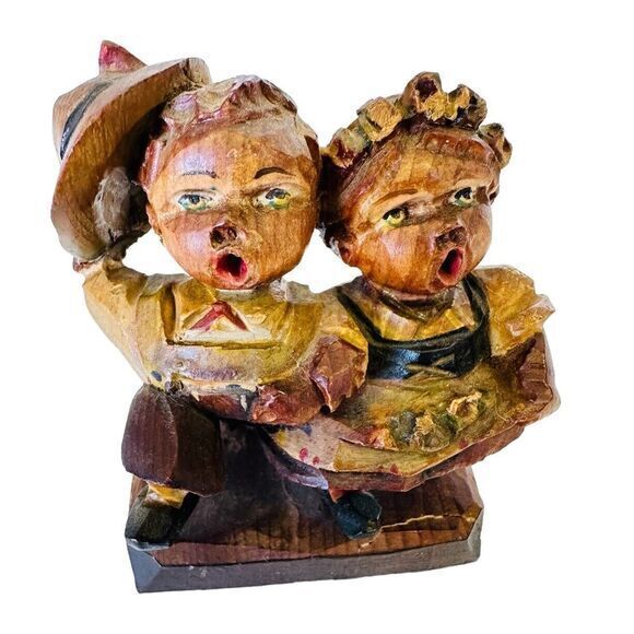 Art | Anri Hand Carved Wood Cute Boy Girl Singing Walking Holding Arms ...
